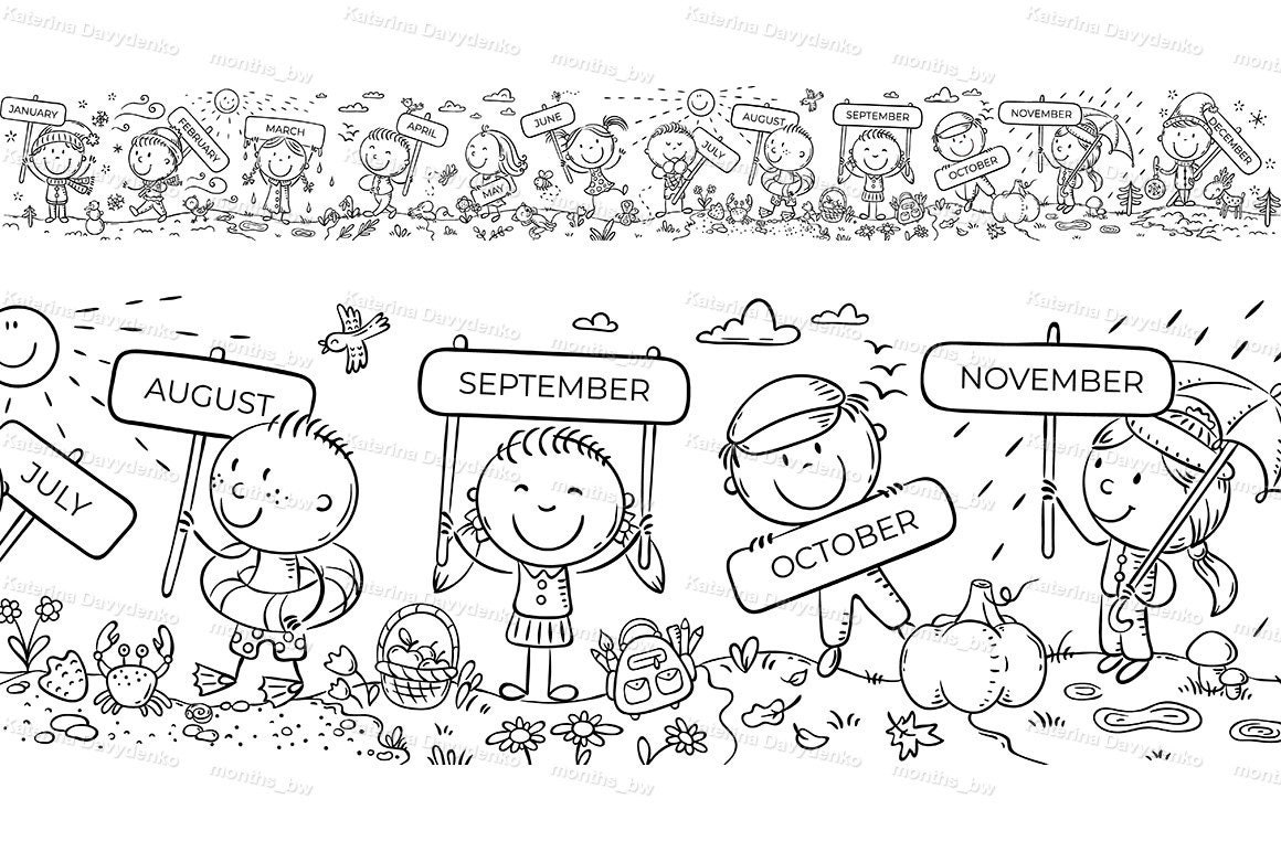 Cartoon Kids and Season Weather Clipart. Months Signs and Changing ...