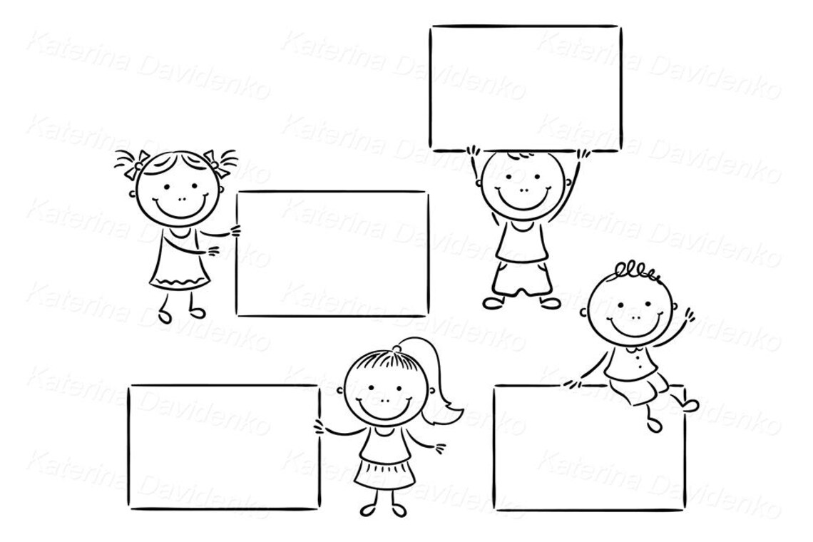 Blank Sign Clipart Set. Doodle Kids With Blank Signs. Happy Cartoon ...