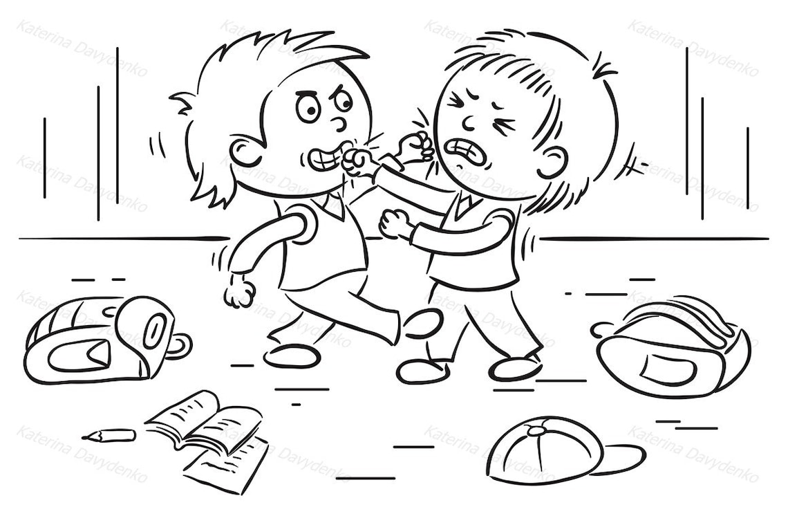 Two Cartoon Kids Are Fighting - Clipart School Children Quarrel Image ...