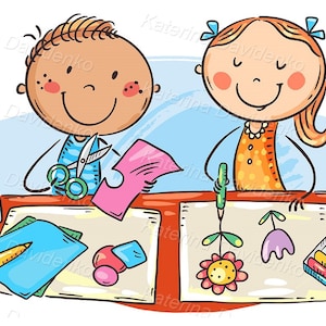 Cartoon Doodle School Kids Enjoy Crafting Together - Children Creative ...