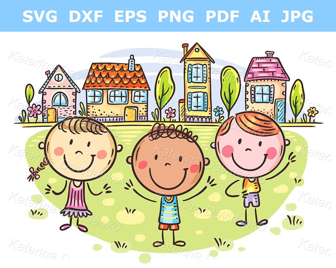 Happy Kids Standing on a Background of the Cityscape. Cartoon Doodle ...