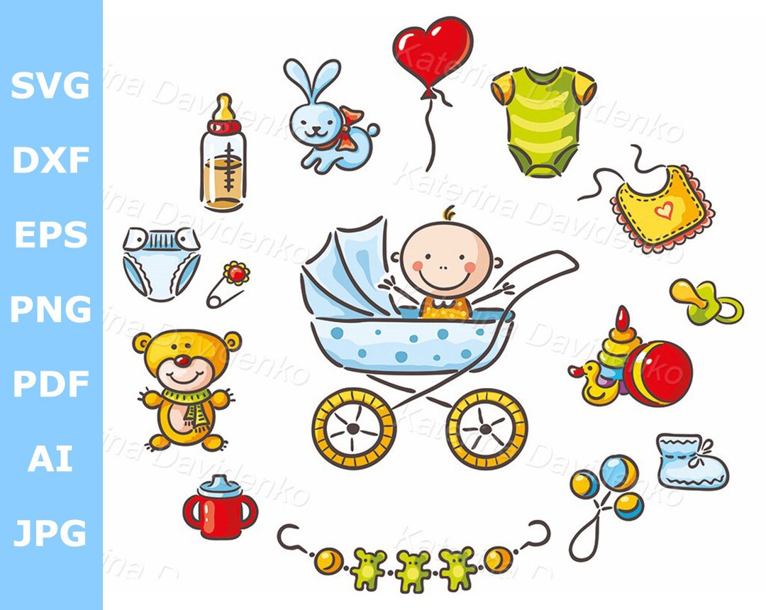 Cartoon Baby Clipart Set. Baby in a Baby-carriage With a Lot of Baby ...