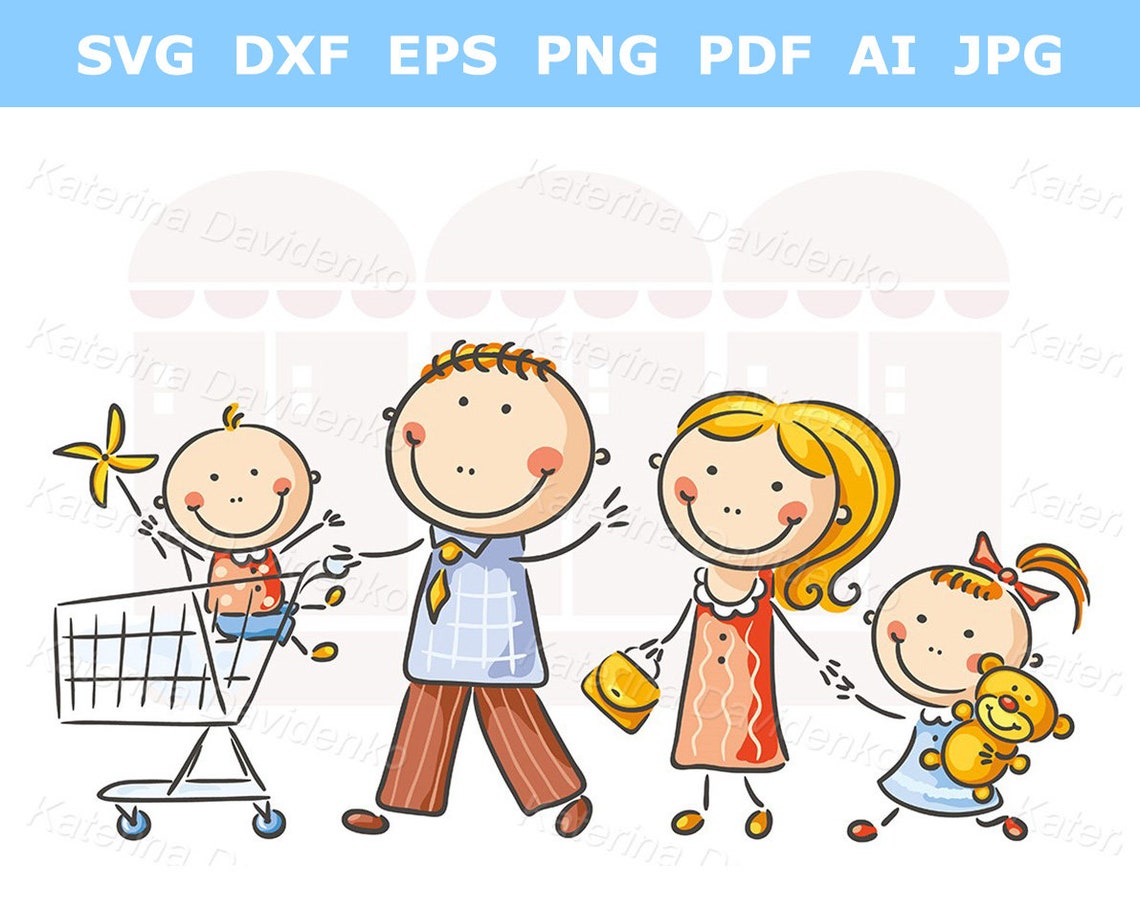 Doodle Cartoon Family Shopping Clipart, Happy Parents With Children ...