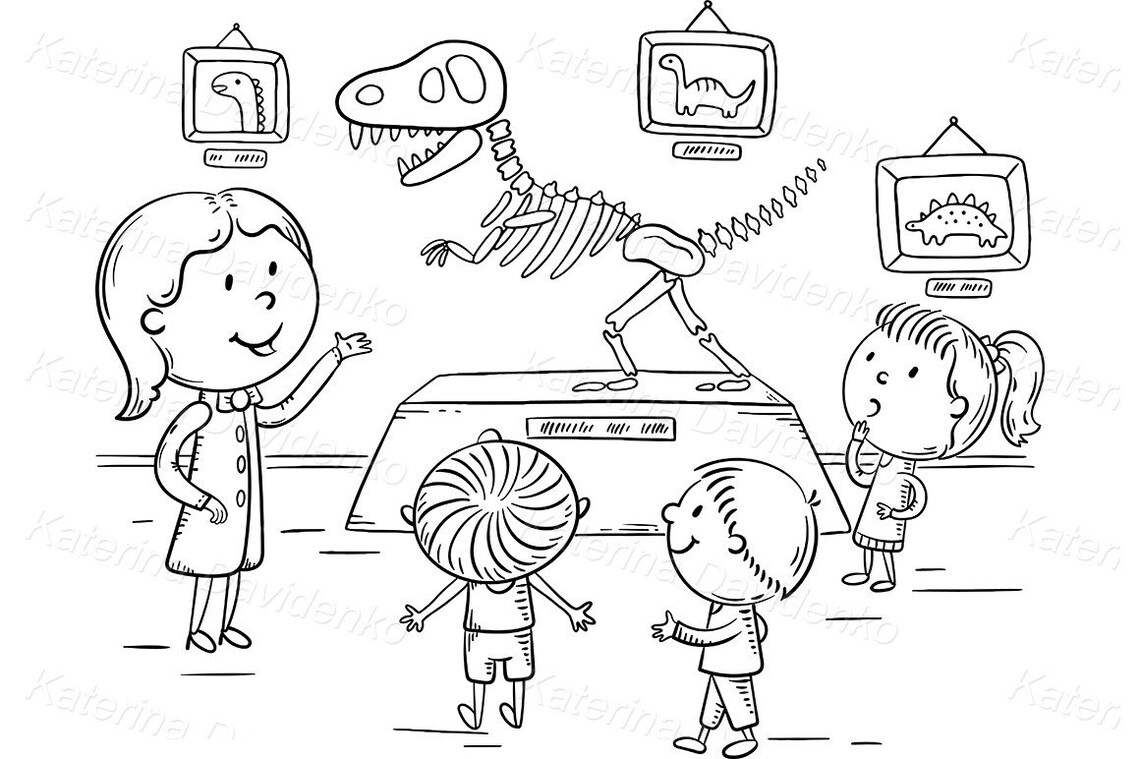 Kids on Excursion in the Dinosaur or Natural History Museum With a ...