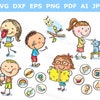 Cartoon Doodle Kids With Books Clipart Set Child's Drawing Illustration ...
