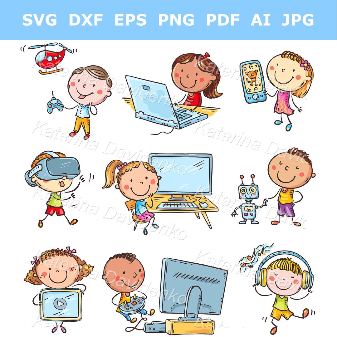 Technology Clipart, Cartoon Kids Using Electronic Devices, Doodle ...