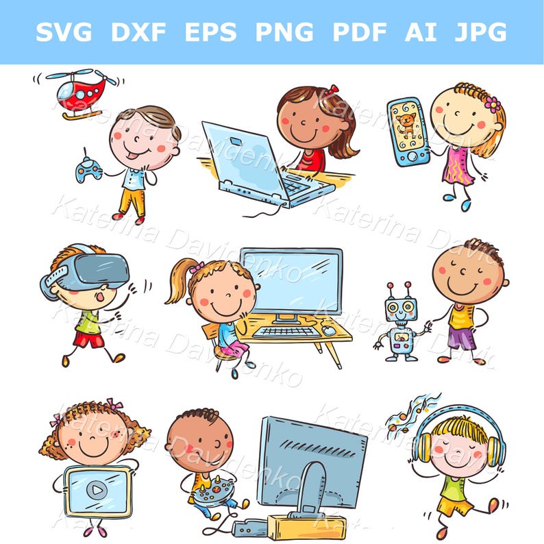 Technology Clipart, Cartoon Kids Using Electronic Devices, Doodle ...