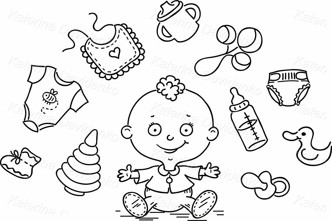 Cartoon Baby Clipart Set. Newborn With a Lot of Baby Things. Digital ...