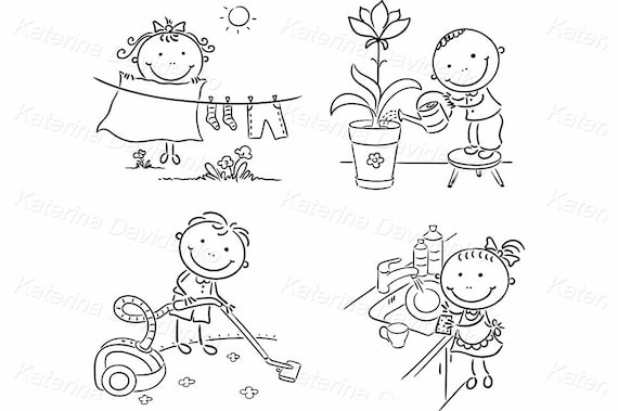 Kids Being Helpful Clipart Black And White