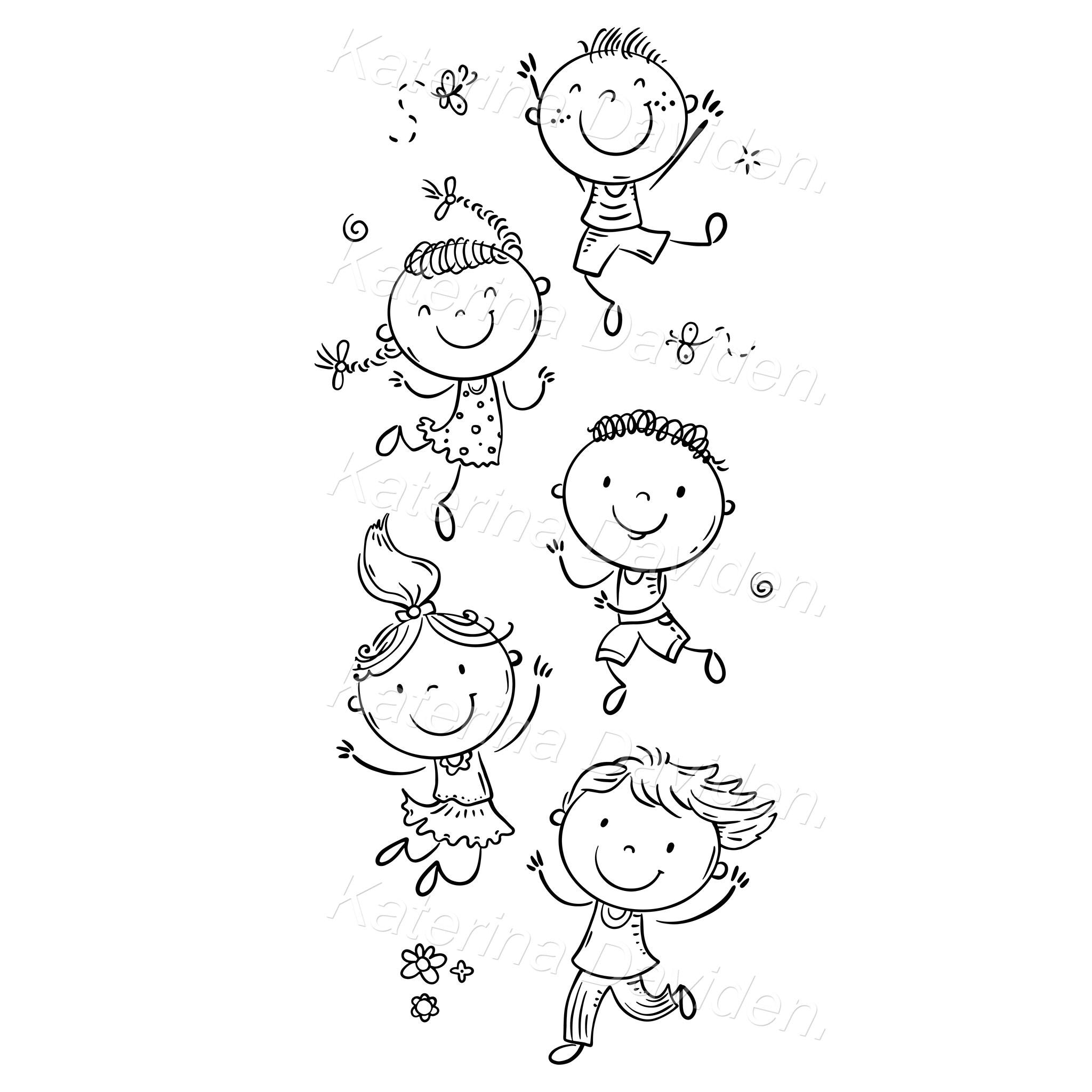 Happy Cartoon Kids Clipart. Doodle Children Jumping With Joy, Digital ...