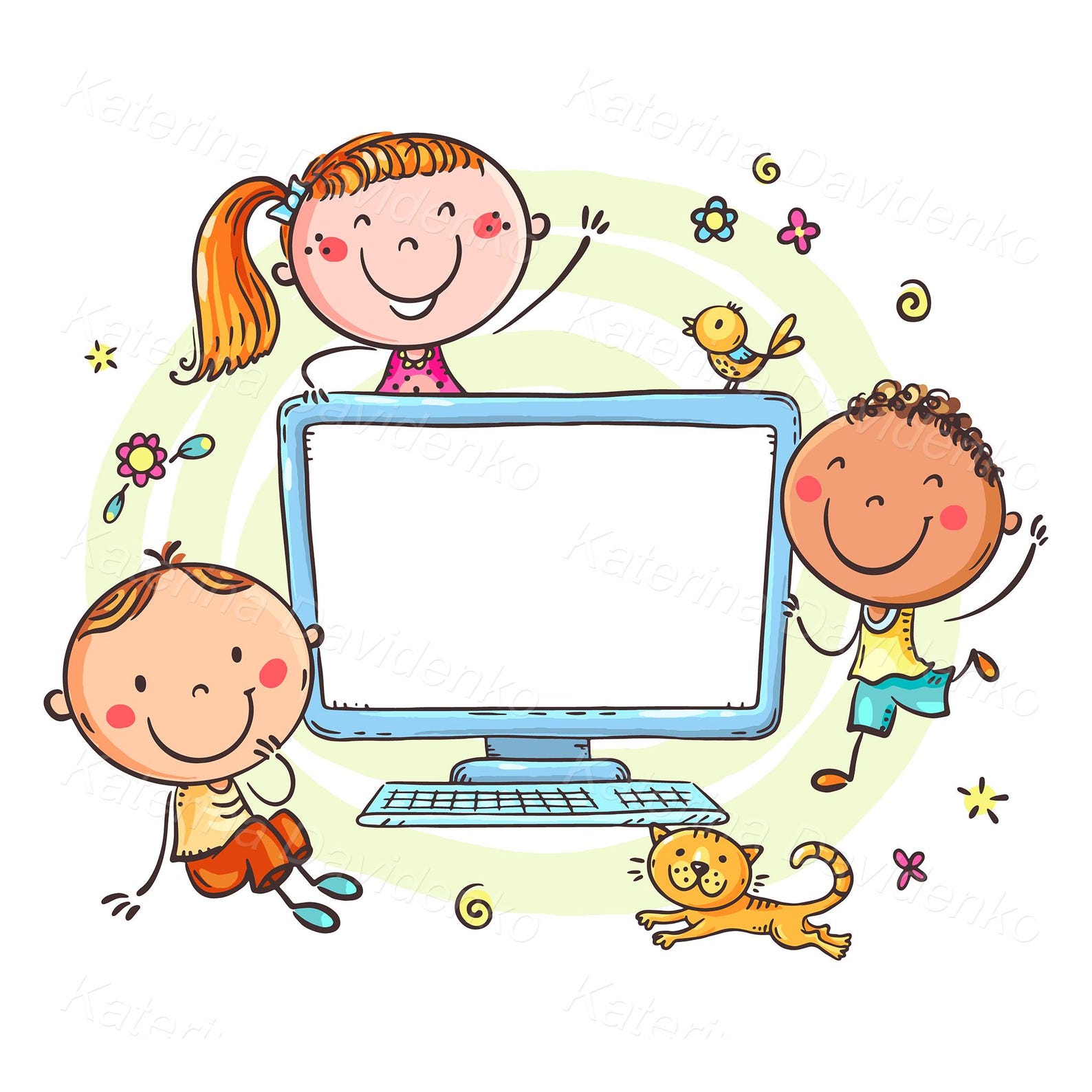 Happy Cartoon Kids and Computer, Technology Clipart, Children Using ...
