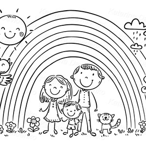 Doodle Family Clipart. Happy Cartoon Family Under the Rainbow. Hand ...