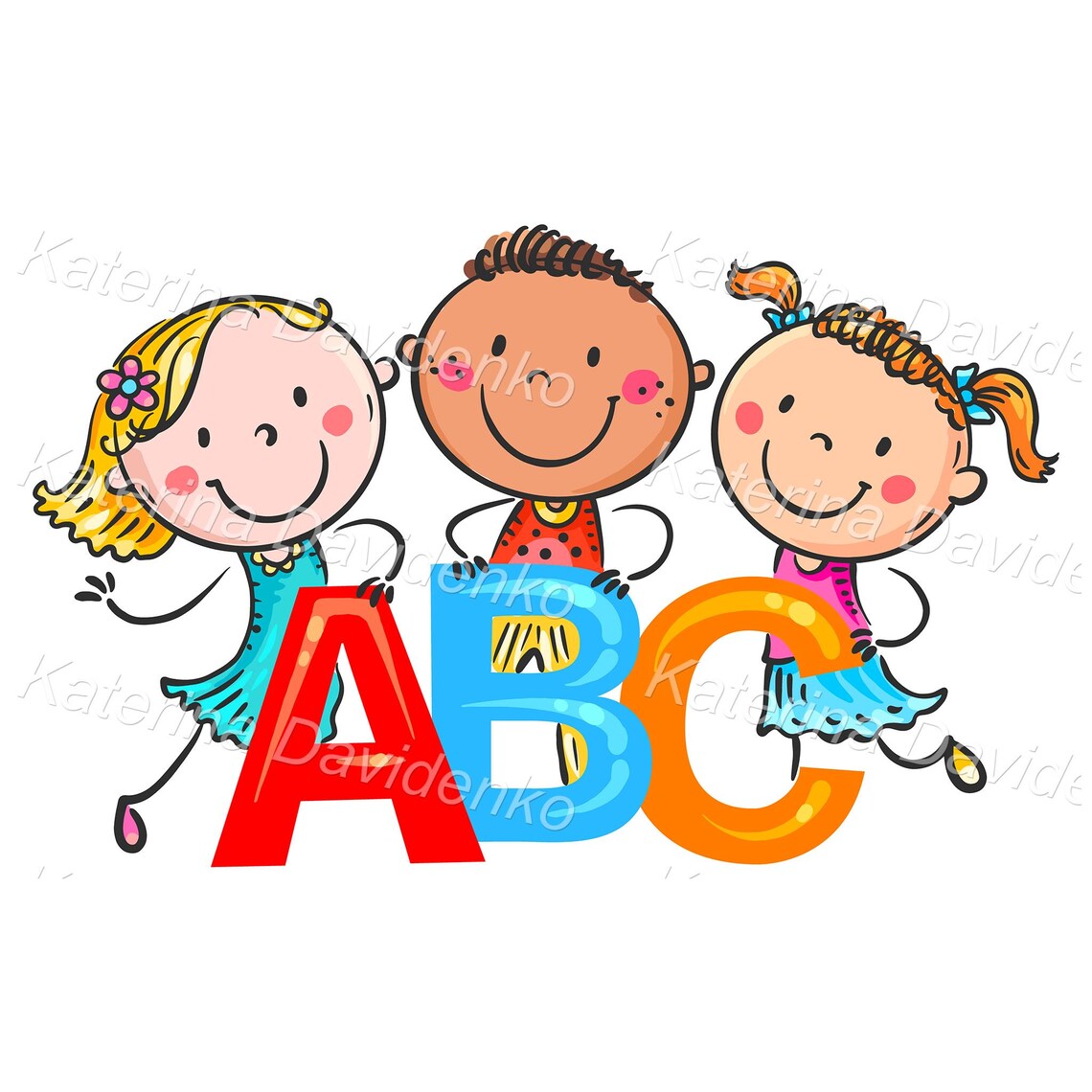 Doodle Kids With ABC Letters, Happy Cartoon Children Learn the Alphabet ...