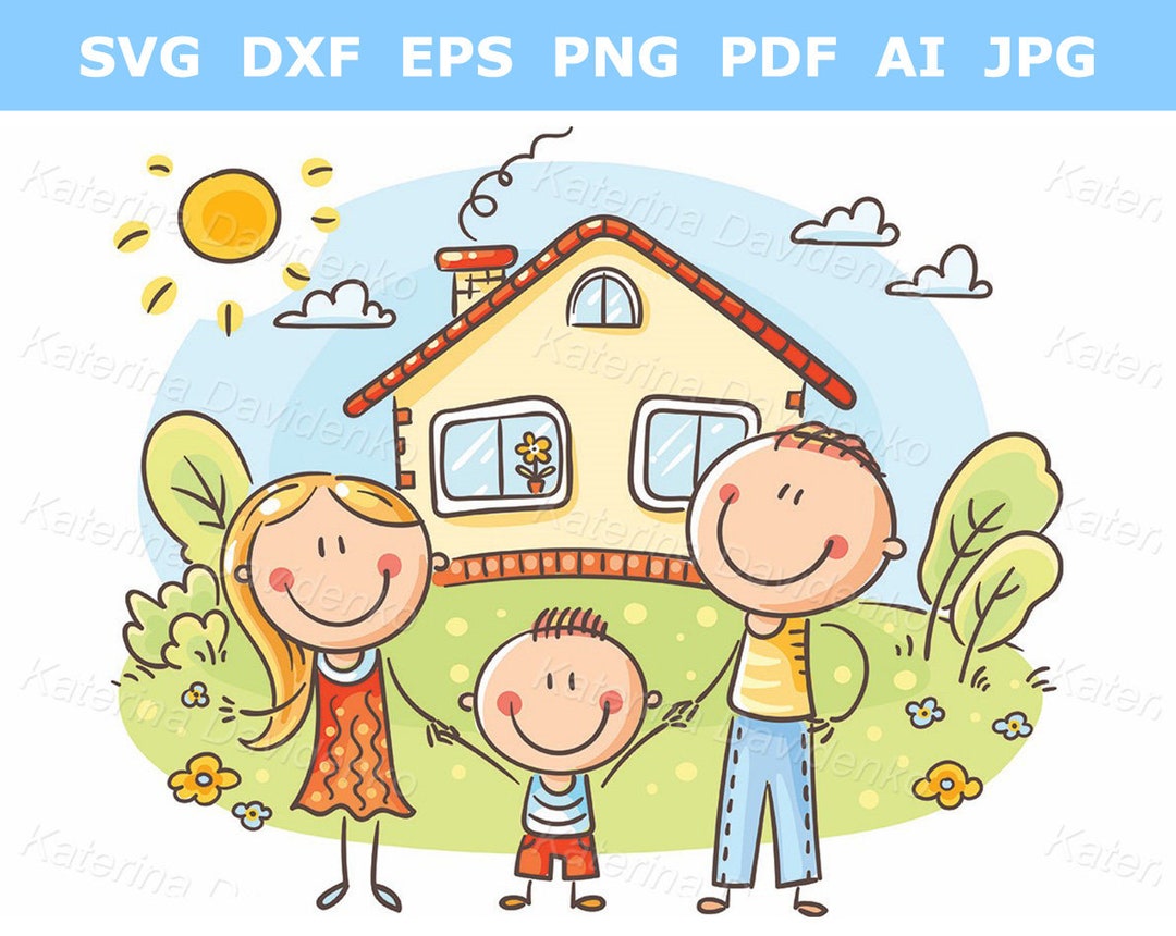 Family Clipart. Happy Cartoon Family With Child Near Their House ...