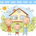 Family Clipart. Happy Cartoon Family With One Child Near Their House ...