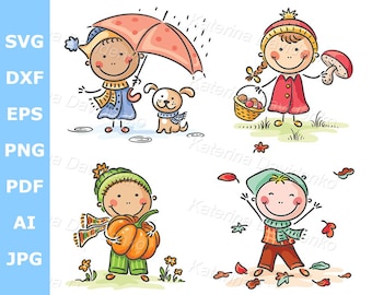 Cute Cartoon Kids PNG Clipart. Watercolor Set of Autumn Season PNG ...