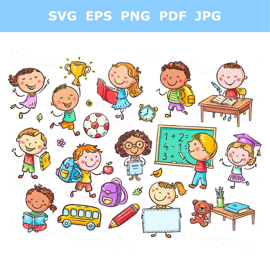 Clipart Set With Cute Kids. School Children With Books. Cartoon Kids ...
