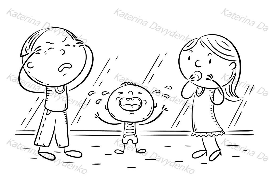 Cartoon Family Clipart Kid is Crying and Parents in Panic - Etsy