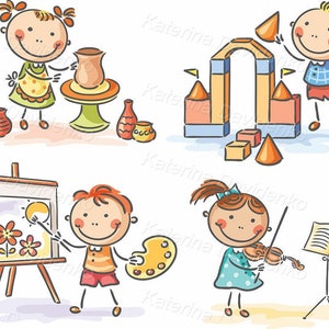 Kids Creative Activities Clipart Set. Happy Cartoon Kids Vector ...