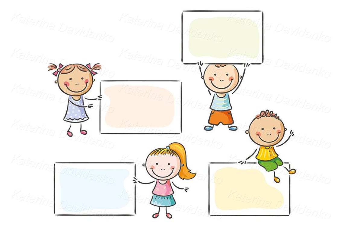 Blank Sign Clipart Set. Doodle Kids With Blank Signs. Happy Cartoon ...