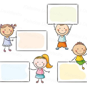 Blank Sign Clipart Set. Doodle Kids With Blank Signs. Happy Cartoon ...