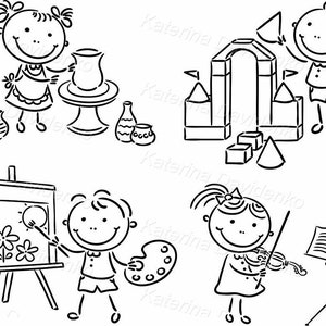 Kids Creative Activities Clipart Set. Happy Cartoon Kids Vector ...