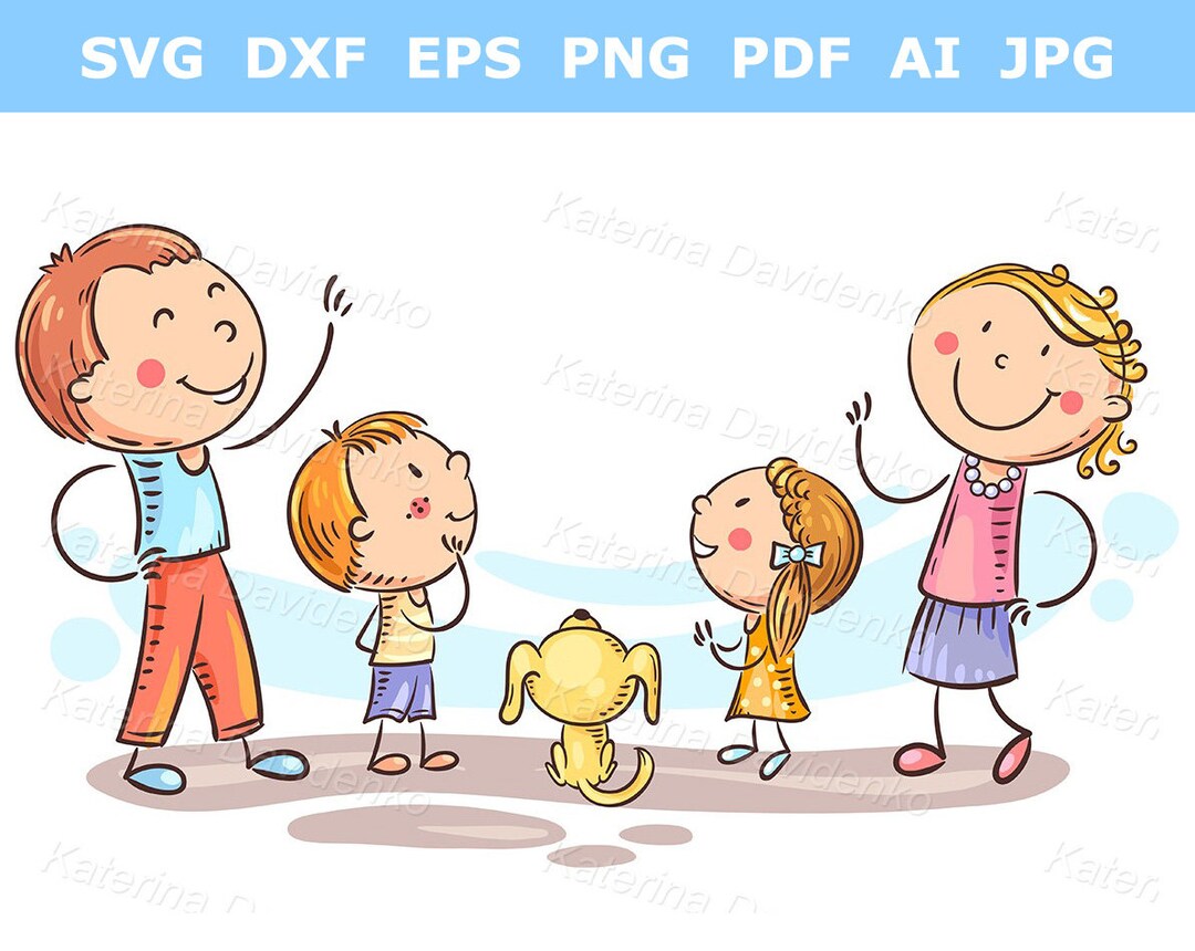 Happy Cartoon Family Clipart. Parents With Kids Looking Up. Vector ...