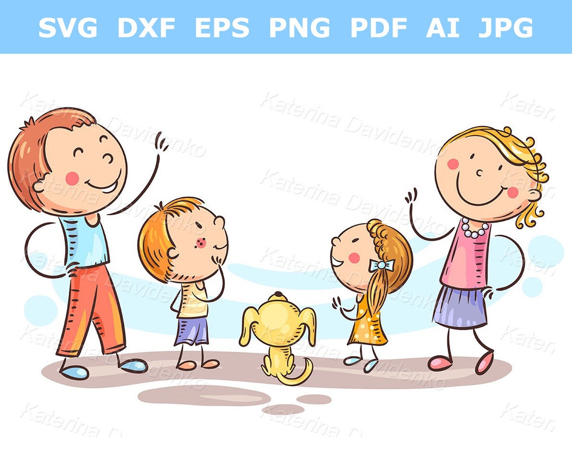 Happy Cartoon Doodle Family Clipart Parents With Two Kids - Etsy