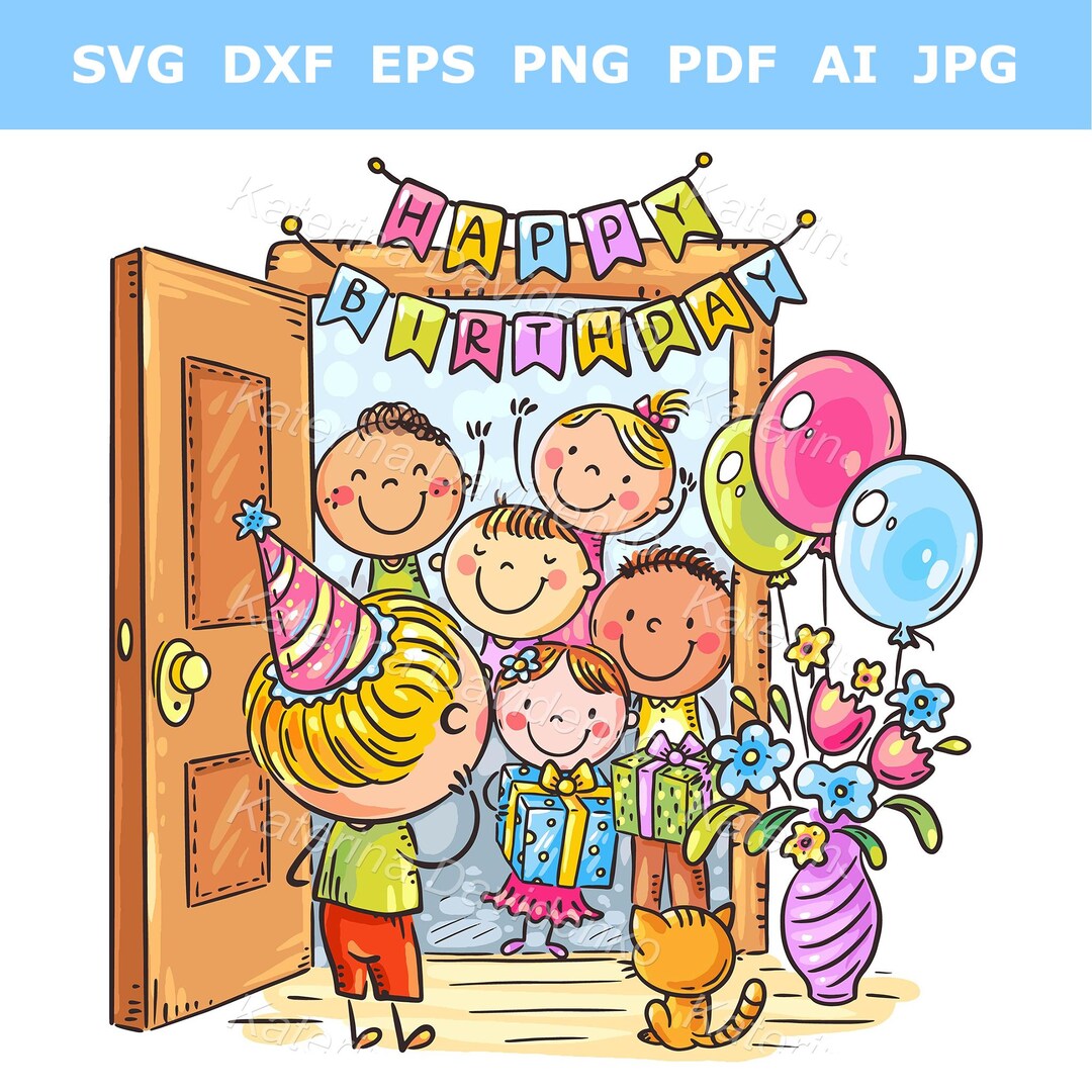 Cartoon Kids Birthday Party Clipart. Happy Children at the Birthday ...