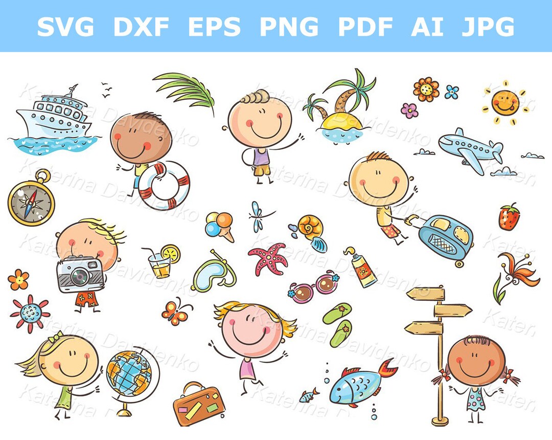 Doodle Cartoon Kids Travelling Clipart Set. Summer Season Clipart Cut ...