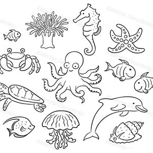 Set of Cartoon Sea Animals Clipart, Ocean Animals Clip Art, Digital ...
