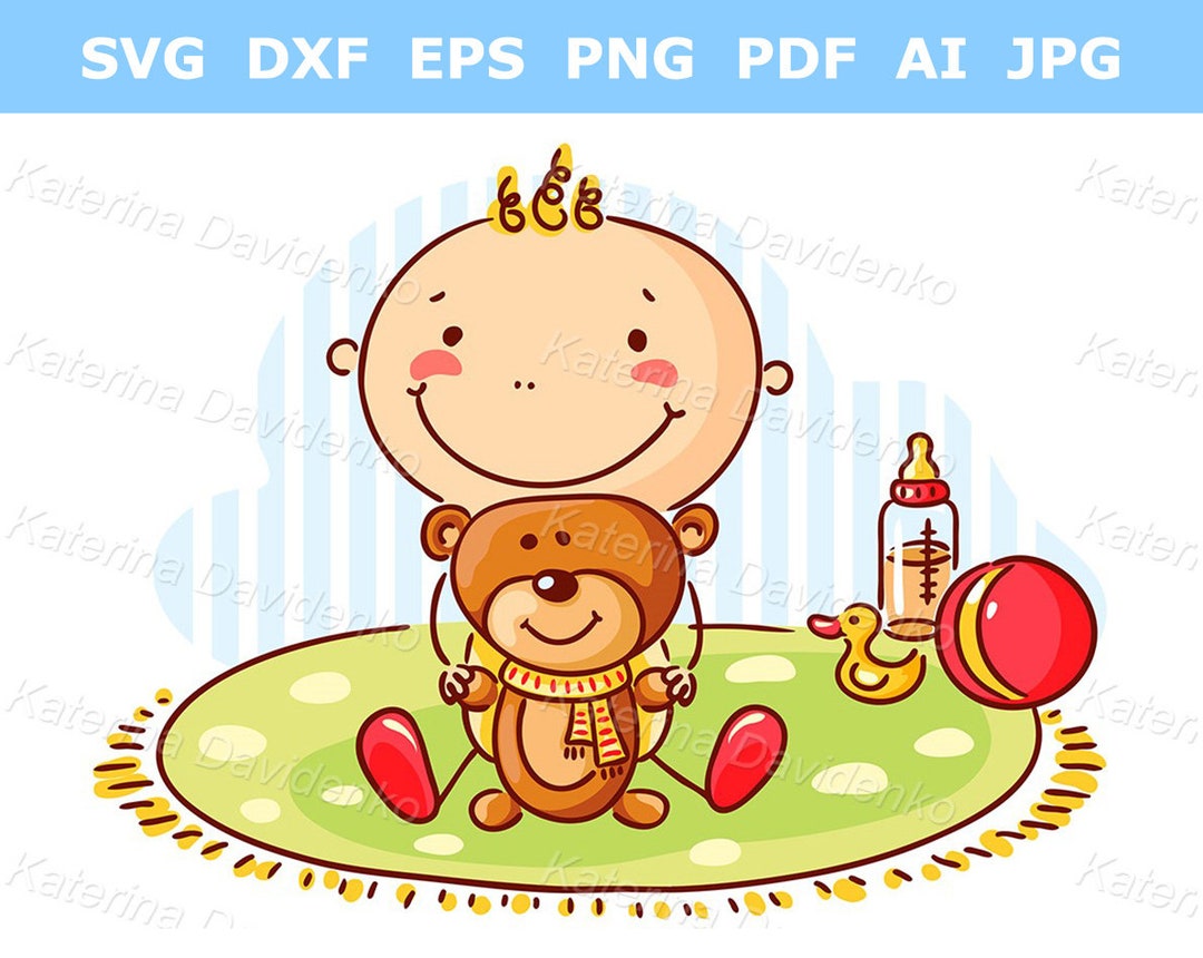 Cartoon Baby and Teddy Bear on the Carpet. Doodle Baby Clipart. Vector ...