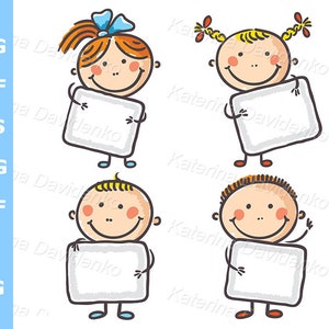 Doodle Cartoon Kids With Blank Signs. Stick Figure. Children Holding ...