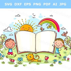 Doodle Kids With Book Frame Clipart Happy Cartoon Kids With Open Book ...