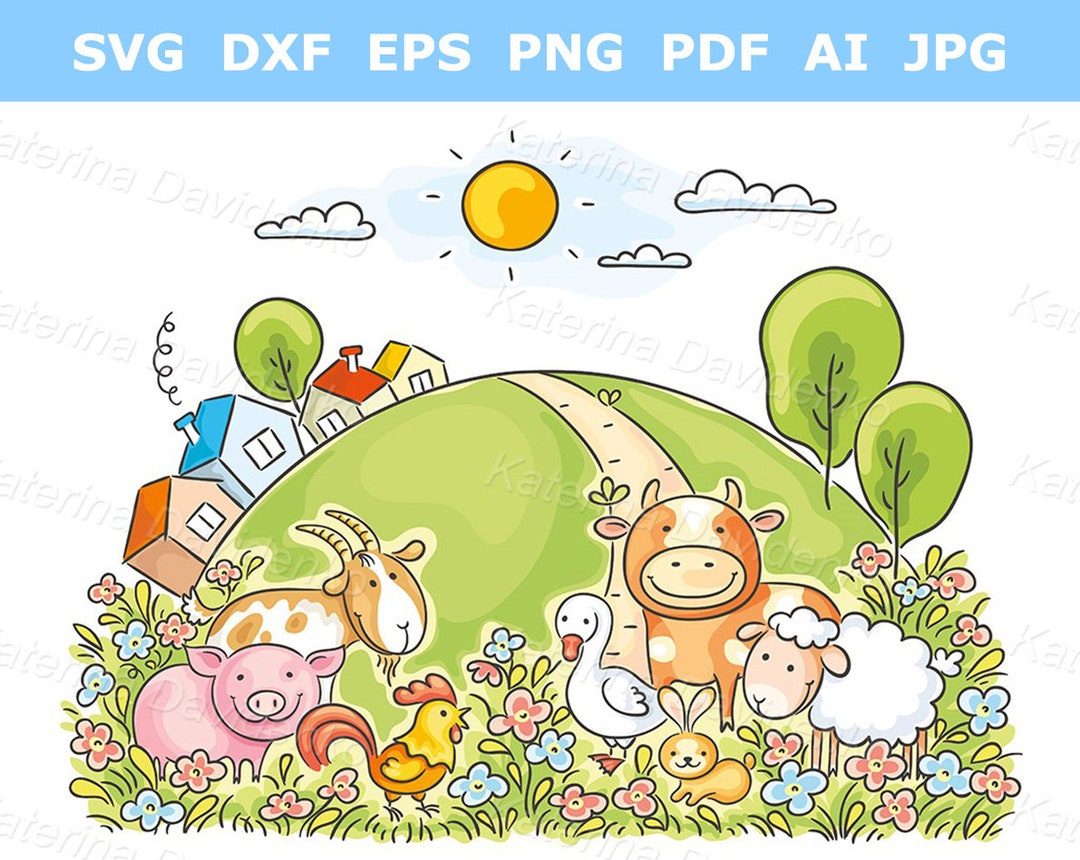 Cartoon Farm Animals on the Green Hill, Vector Clipart Illustration ...