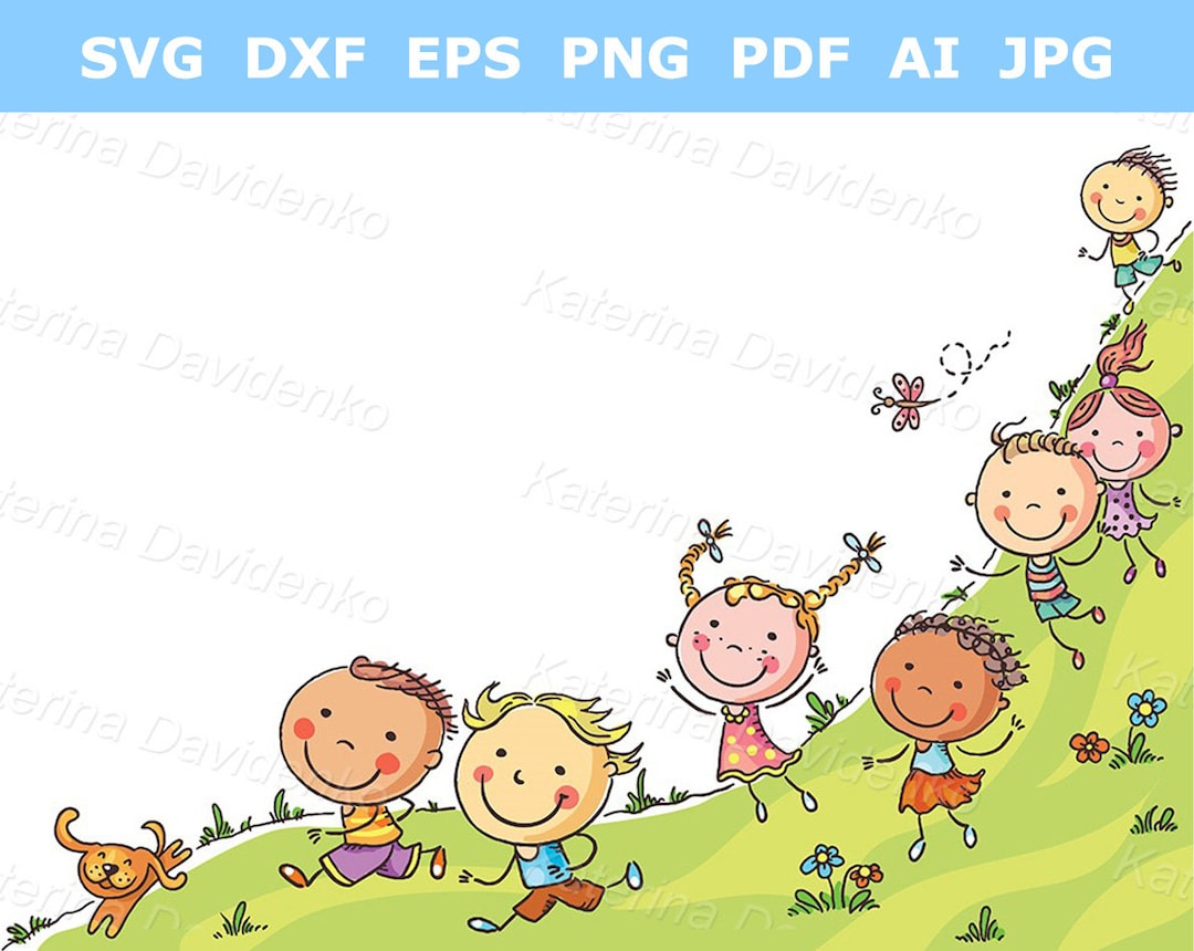 Happy Cartoon Kids Running. Frame With Copy Space. Vector Illustration ...
