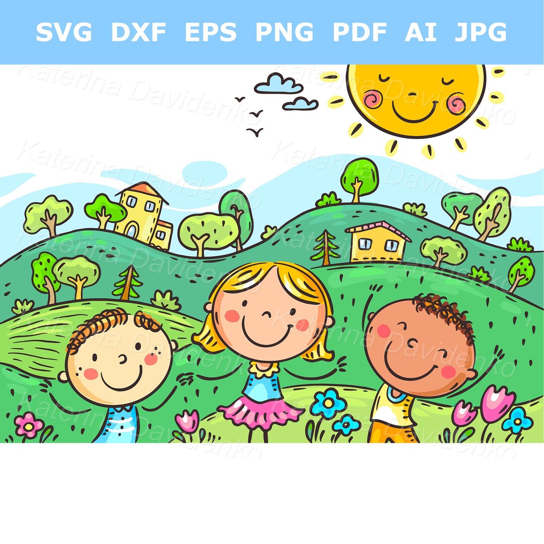 Happy Cartoon Kids Having Funn Otdoors Together. Hand Drawn Vector ...