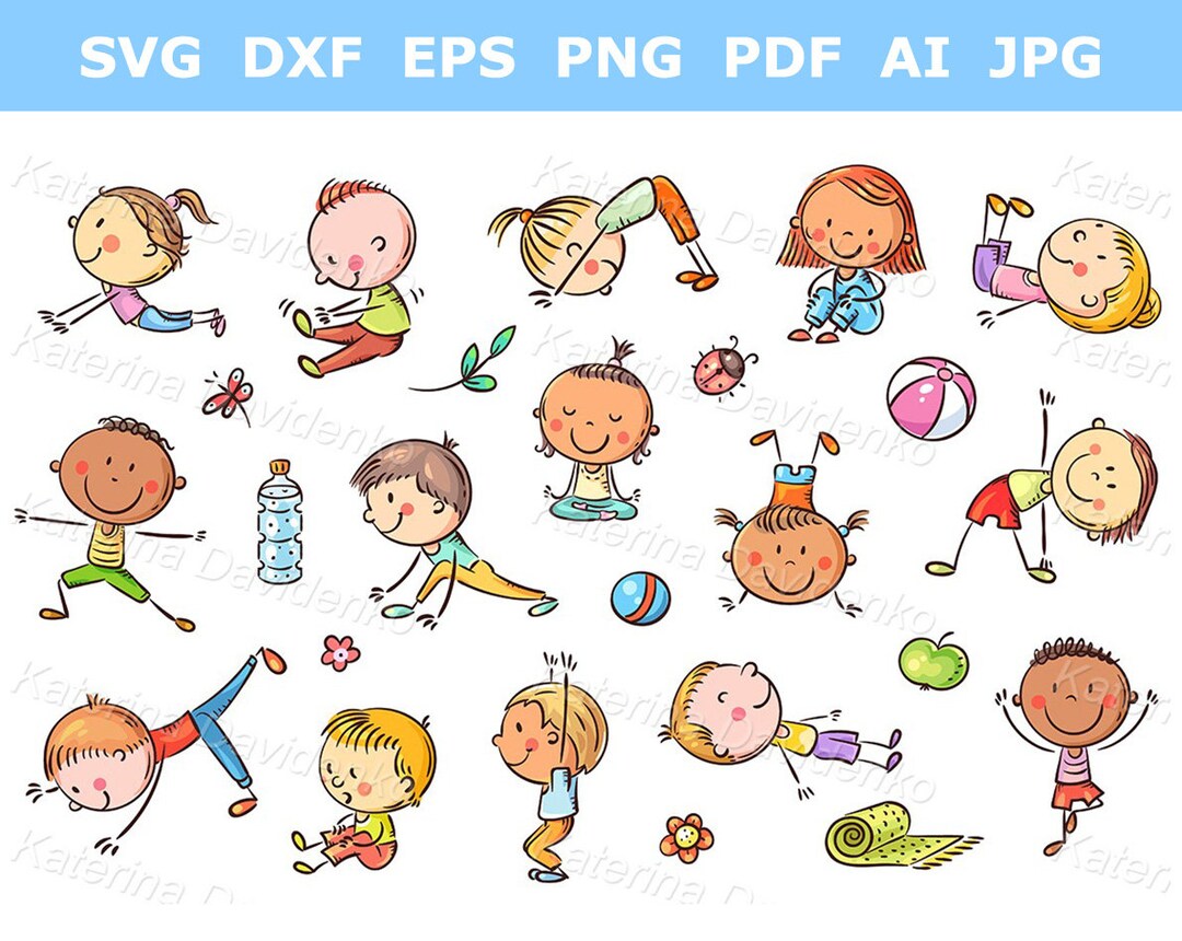 Cartoon Kids Yoga Clipart Set, Cute Little Children Sport Activities ...