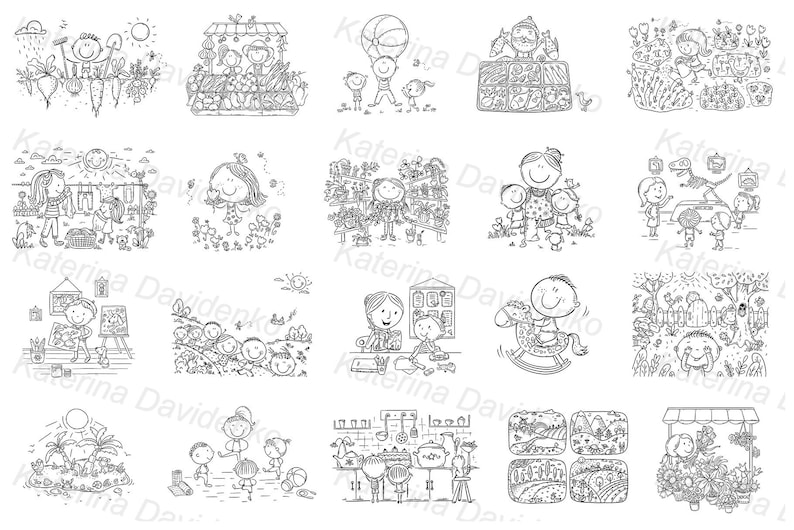 Hand Draw Cartoon Family Clipart Bundle. Black and White Kids Clipart ...