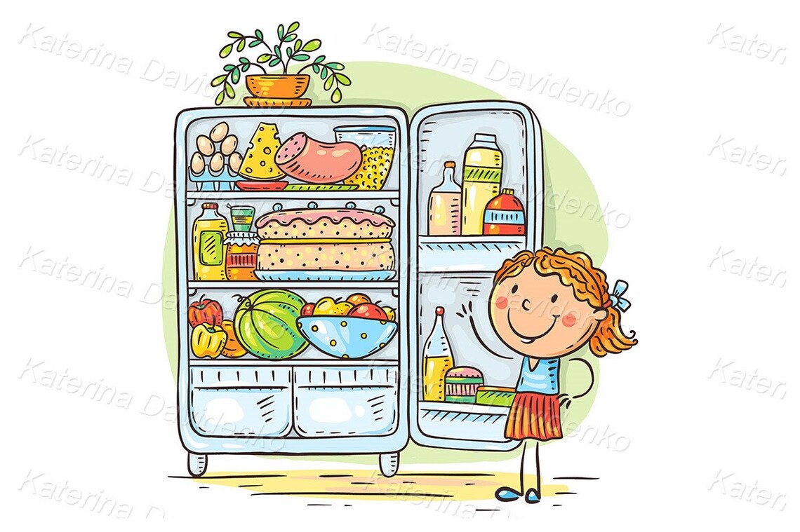 Cartoon Kid and Fridge With Food Healthy Eating or Cooking - Etsy