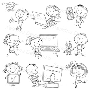 Technology Clipart, Cartoon Kids Using Electronic Devices, Doodle ...
