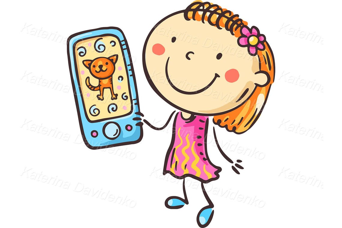Technology Clipart, Cartoon Kids Using Electronic Devices, Doodle ...