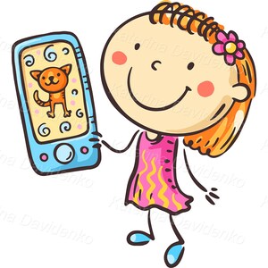Technology Clipart, Cartoon Kids Using Electronic Devices, Doodle ...
