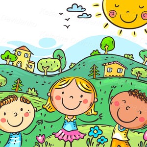 Happy Cartoon Kids Having Funn Otdoors Together. Hand Drawn Vector ...