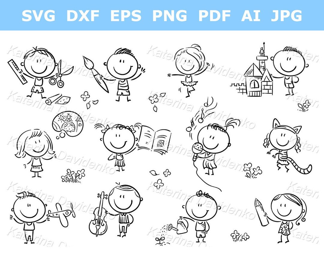 Doodle Cartoon Kids Creative Activities Clipart. Set of Outline Funny ...