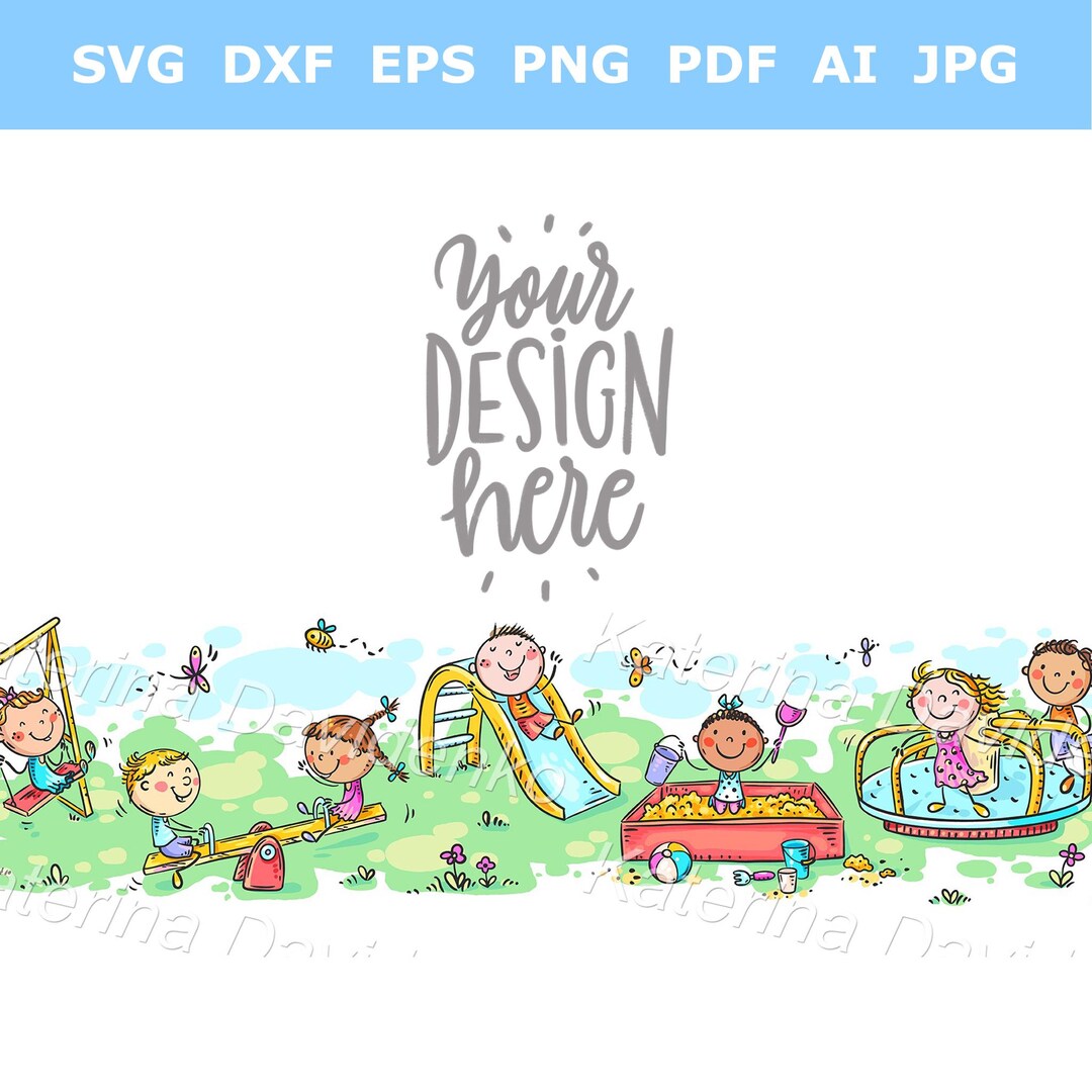 Happy Cartoon Little Kids on Playground. Kindergarten Kids Activities ...