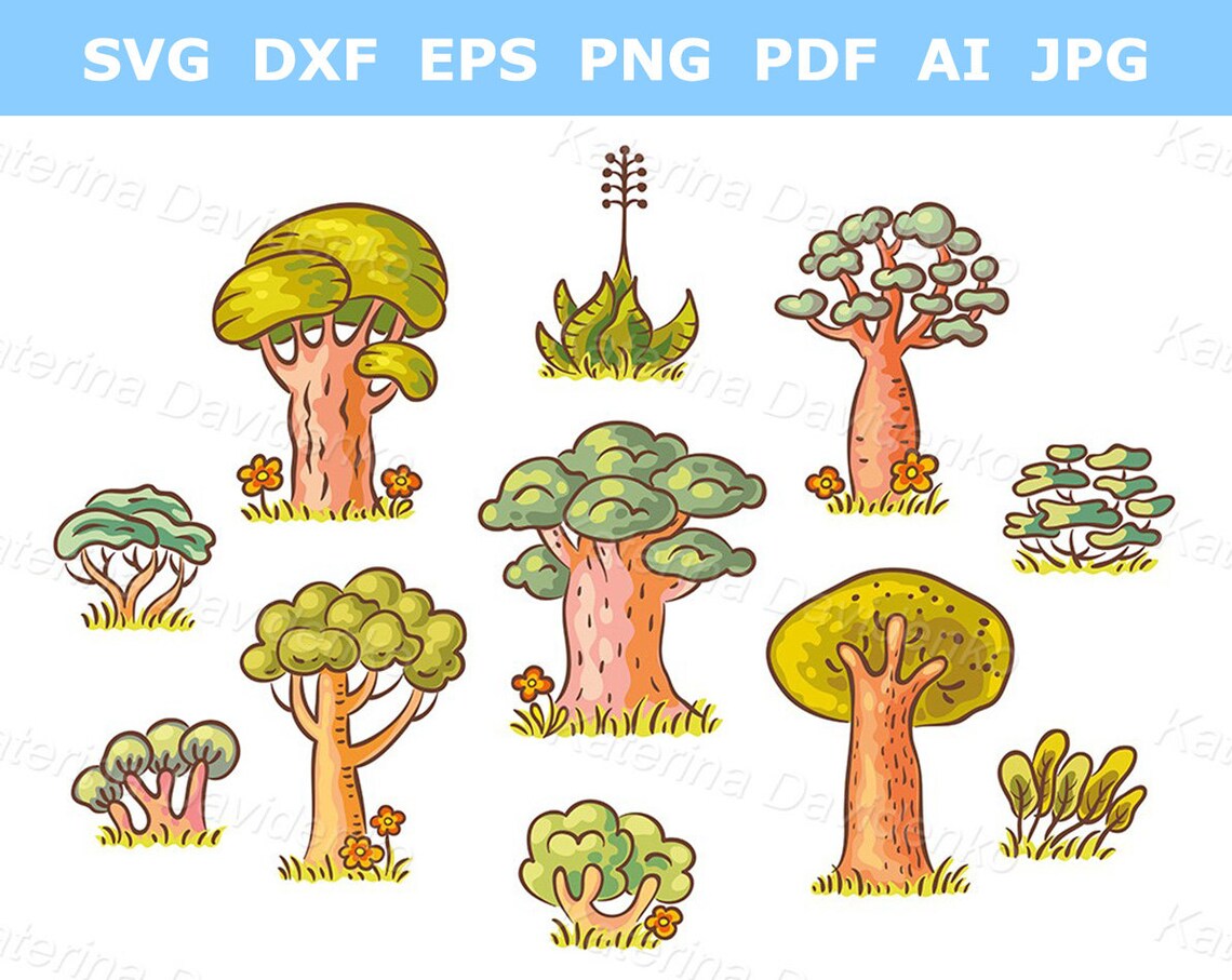 Set of Cartoon African Trees Clipart Hand Drawing Vector - Etsy