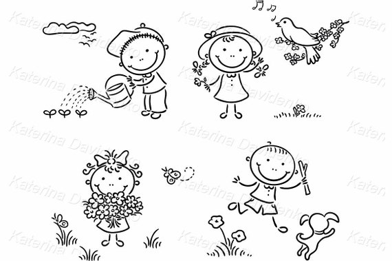 Kids Playing Outside Clip Art Black And White