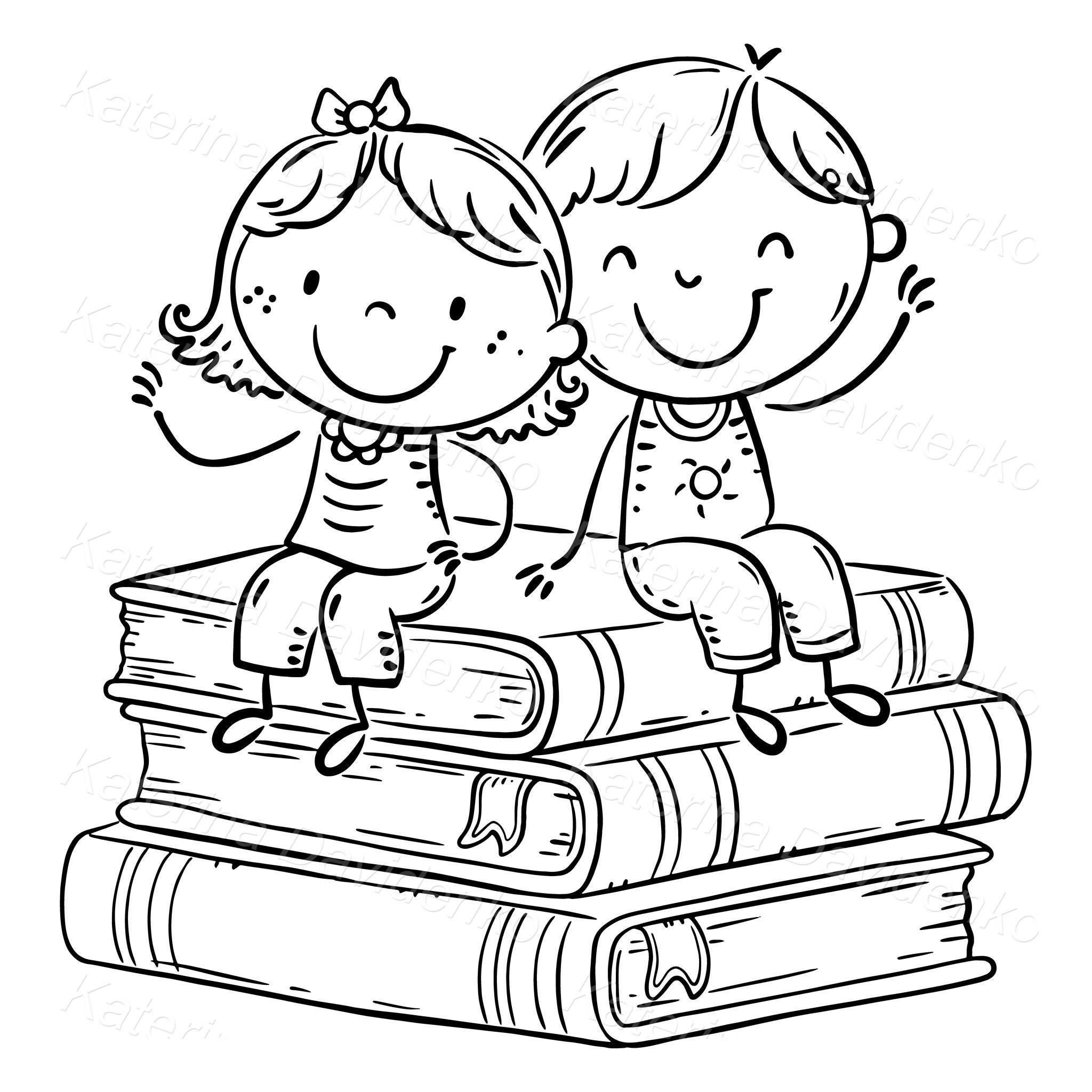 Happy Cartoon Little Kids Sitting on Stack of Books Clipart. Stick ...