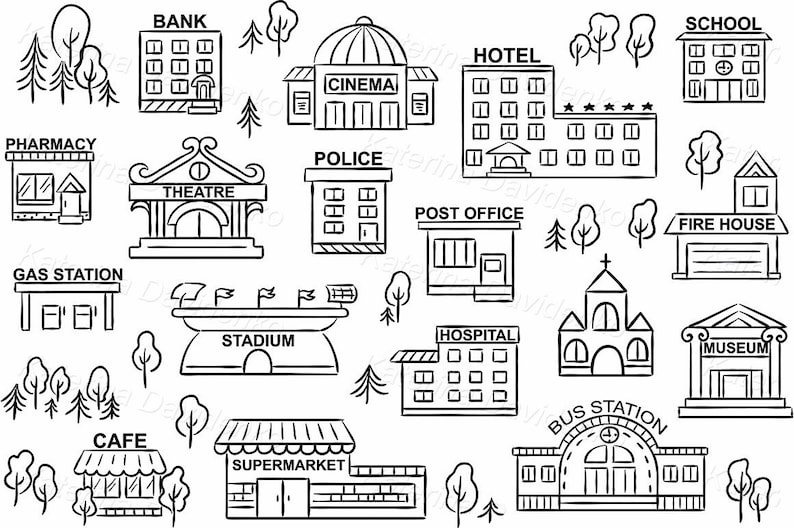 Cartoon Illustration of City Plan and Buildings With Signs - Etsy